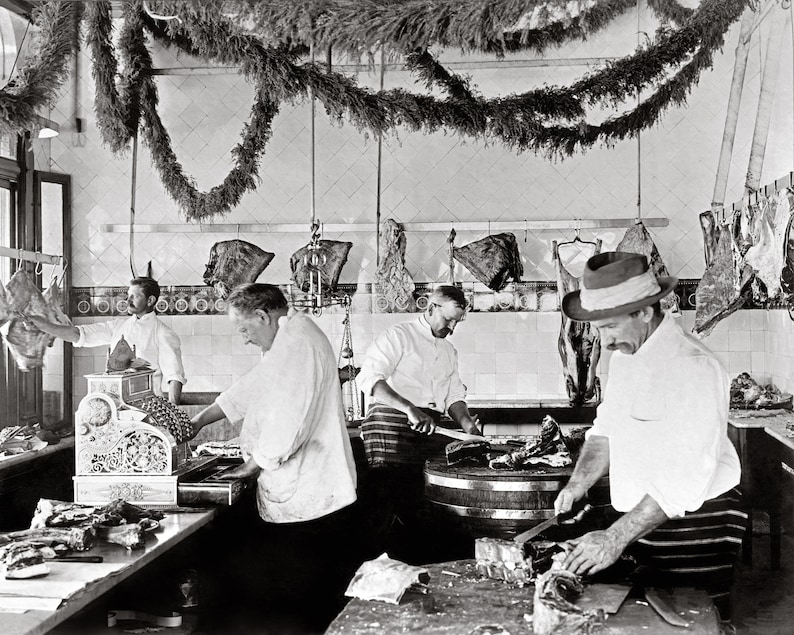 Butcher Shop, 1895. Vintage Photo Reproduction Print. Black & White ...