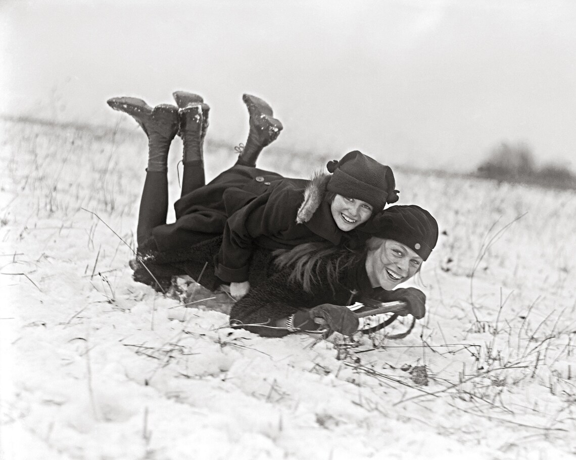 Girls Sledding, 1915. Vintage Photo Reproduction Print. Black & White ...
