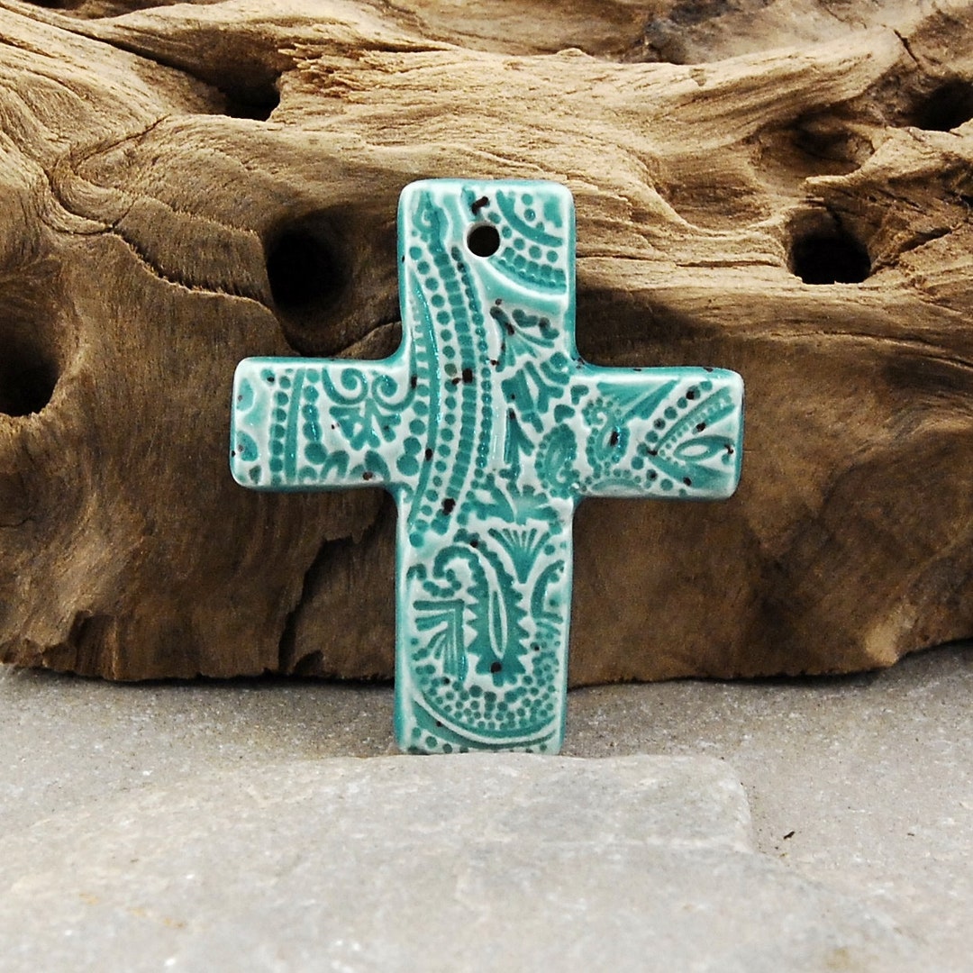 Ceramic Paisley Cross Pendant, Ceramic Component, Jewelry Making Beads ...