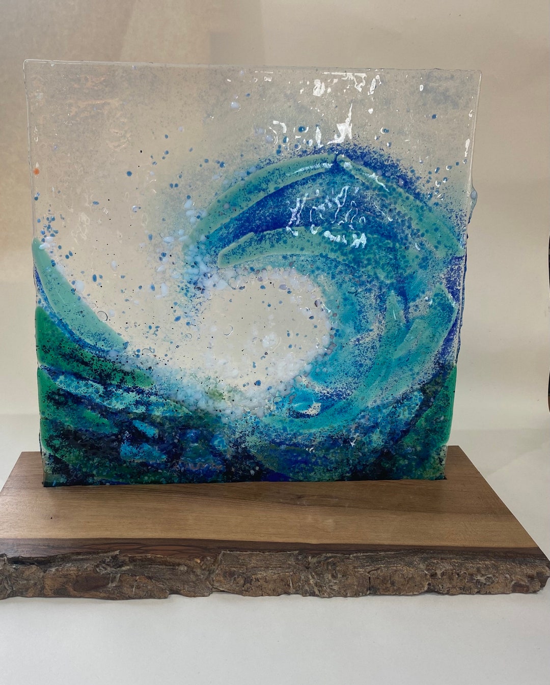Seascape in Fused Glass in Wooden Stand. See the Dolphin Jump Through ...