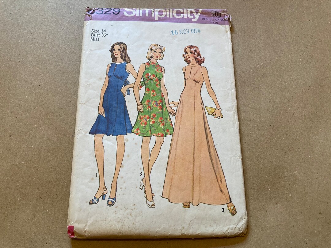 VINTAGE SIMPLICITY 70's High-neck Floaty Slip Style Dress Maxi & Knee ...