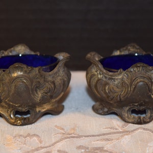 Silver Salt Cellar Cobalt Glass Insert Vintage Pair Cobalt Blue Glass ...