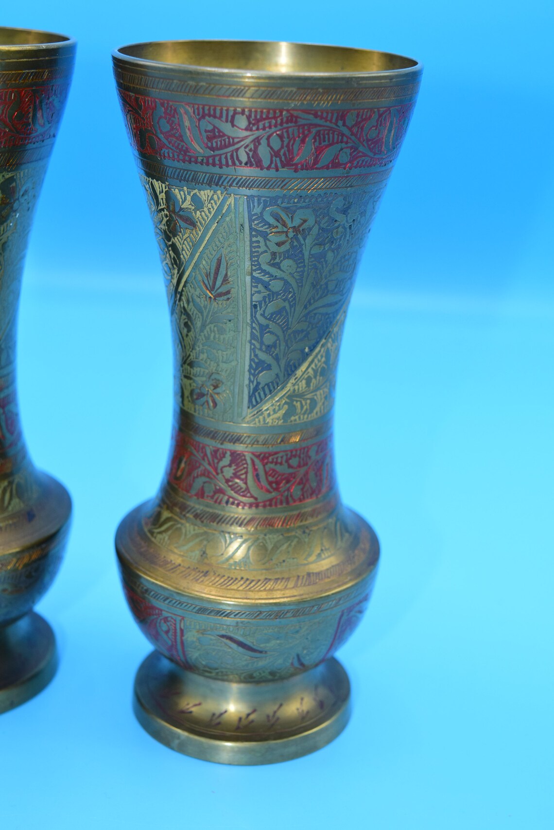 India Brass Enamel Vases Vintage Indian Engraved Pair of Vases - Etsy