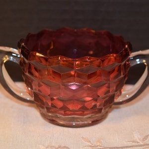 Cranberry Flash Glass Sugar Bowl Double Handle Vintage Diamond Block ...
