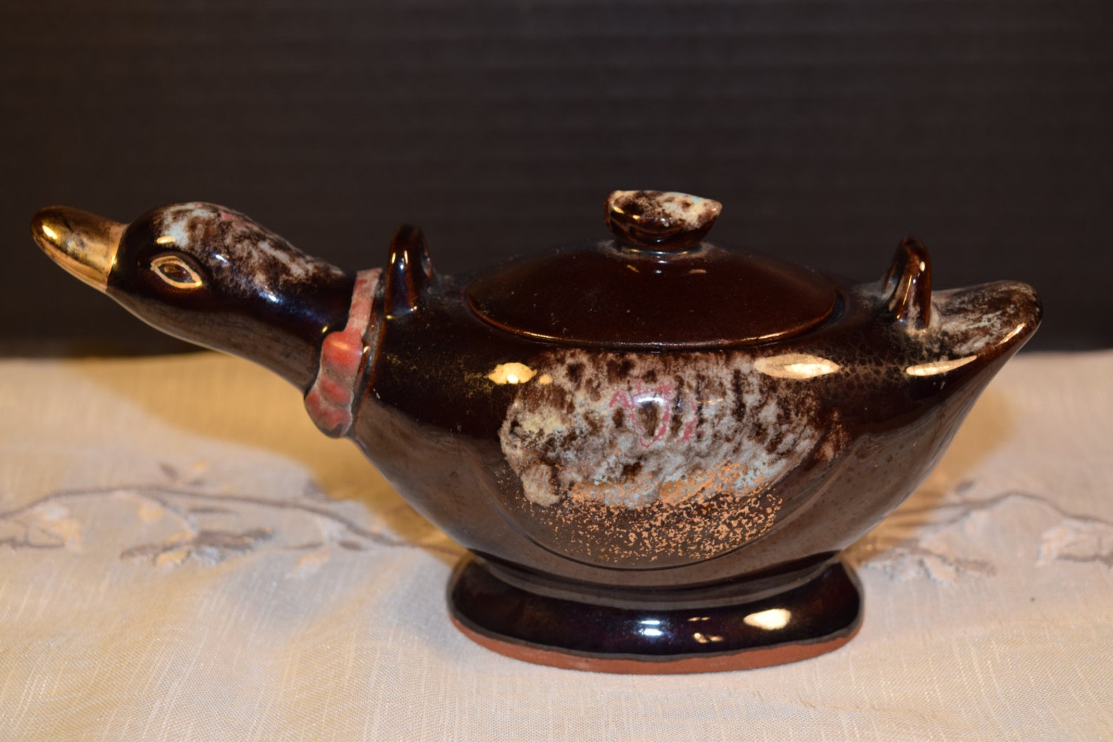 Japan Redware Duck Sugar Pot Lid Vintage Glazed Duck 2 Pc Sugar Server ...