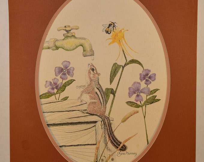 Squirrel Lithograph Artist Signed Vintage Gene Murray Squirrel Pen and ...