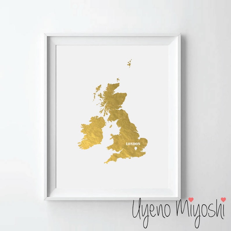 United Kingdom Map Gold Foil Print, Gold Print, Great Britain Map Print ...