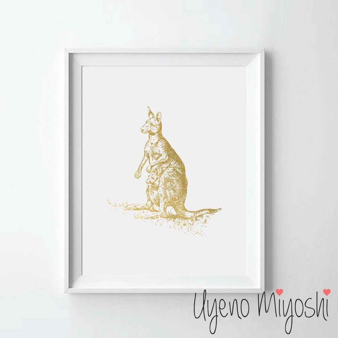 Australia Kangaroo Hand Sketch Gold Foil Print, Gold Print, Kangaroo ...