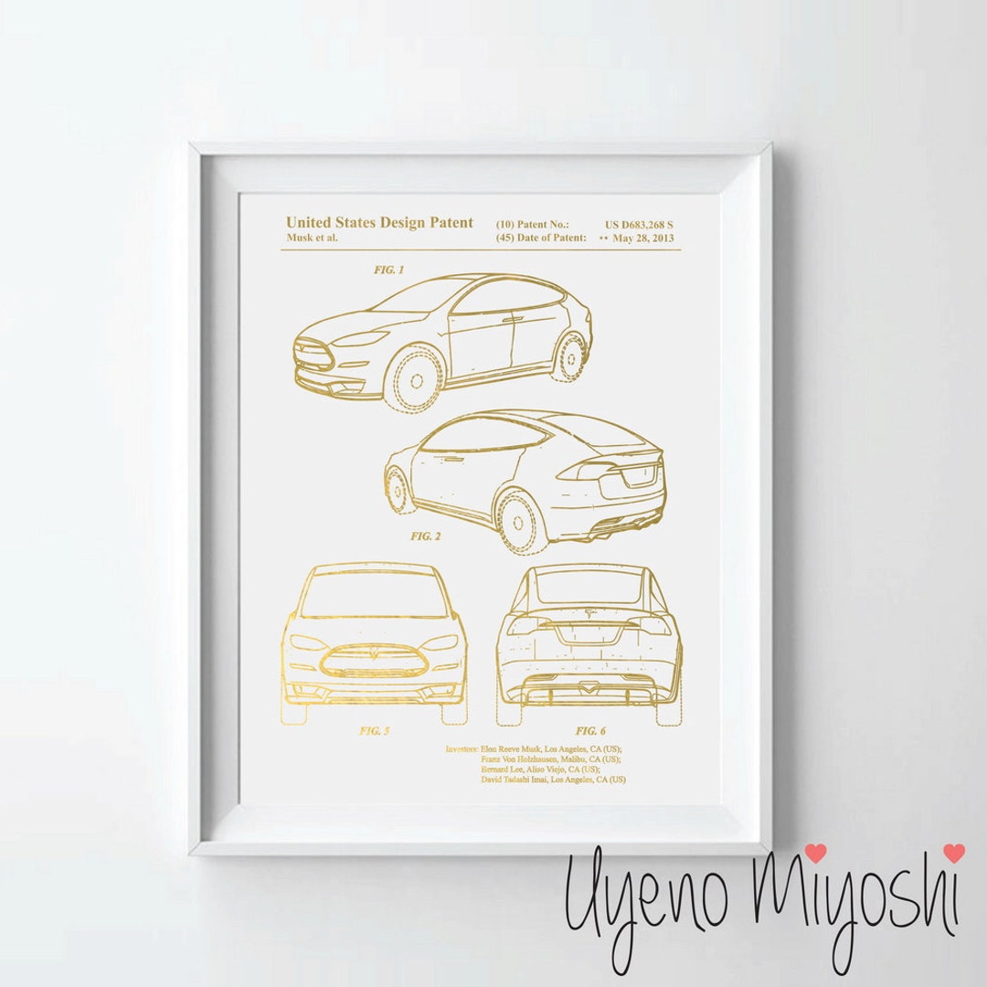 Tesla Model S Gold Foil Print, Tesla Patent Print, Car Enthusiast ...