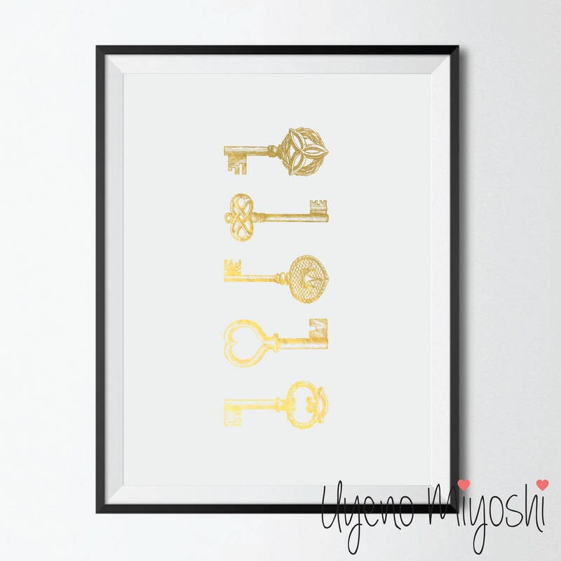 Vintage Key V Gold Foil Print, Gold Print, Vintage Key Art Print ...