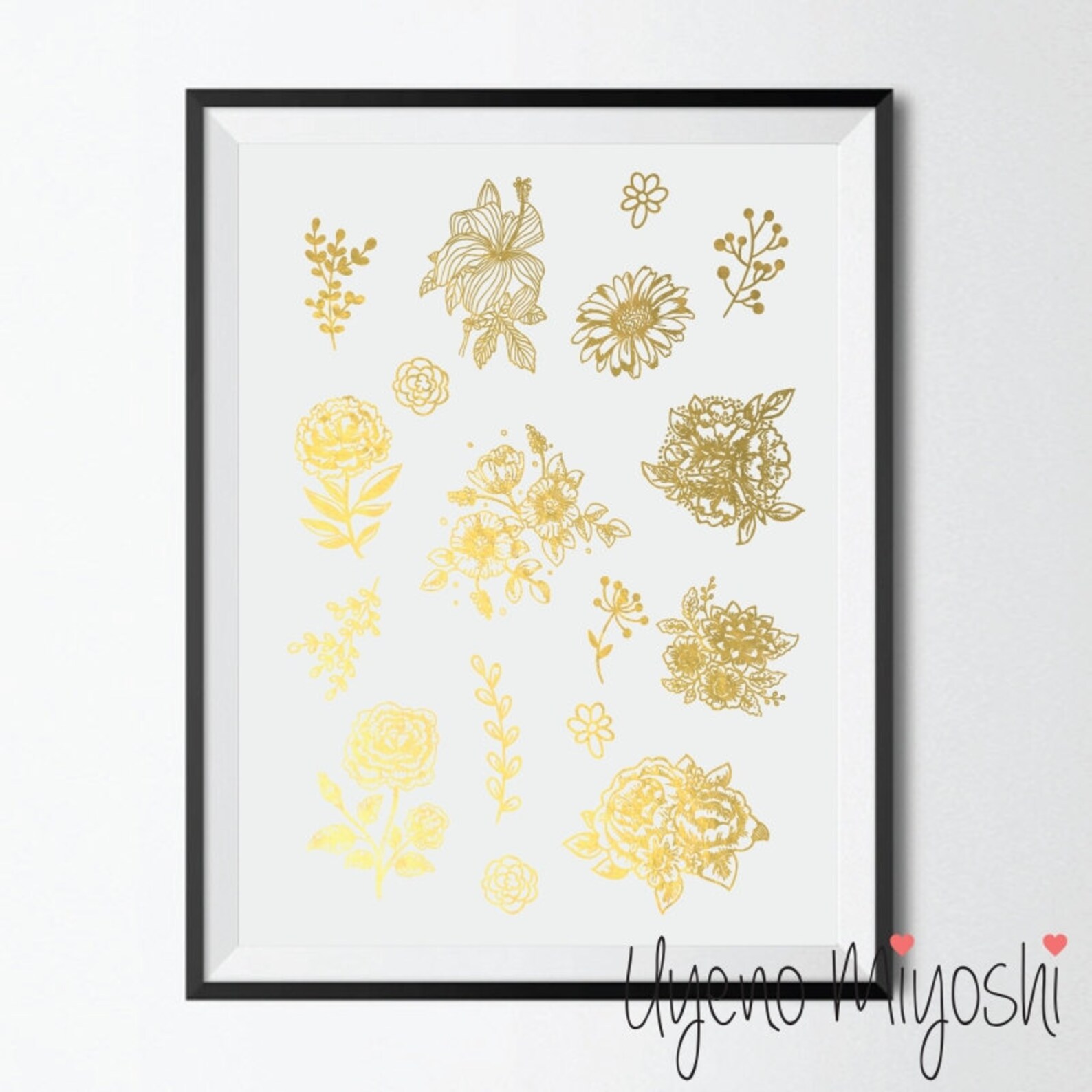 Flowers and Leaves Gold Foil Print, Gold Print, Custom Print in Gold ...