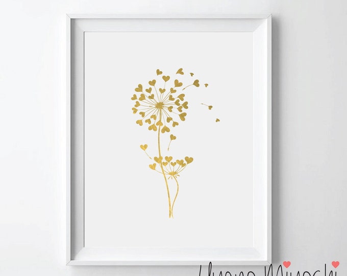 Dandelion Heart Flower Gold Foil Print, Gold Print, Custom Print in ...
