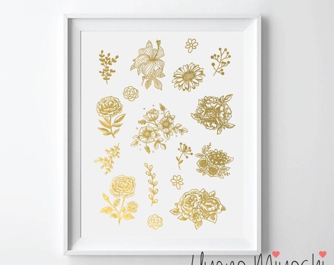 Flowers and Leaves Gold Foil Print, Gold Print, Custom Print in Gold ...