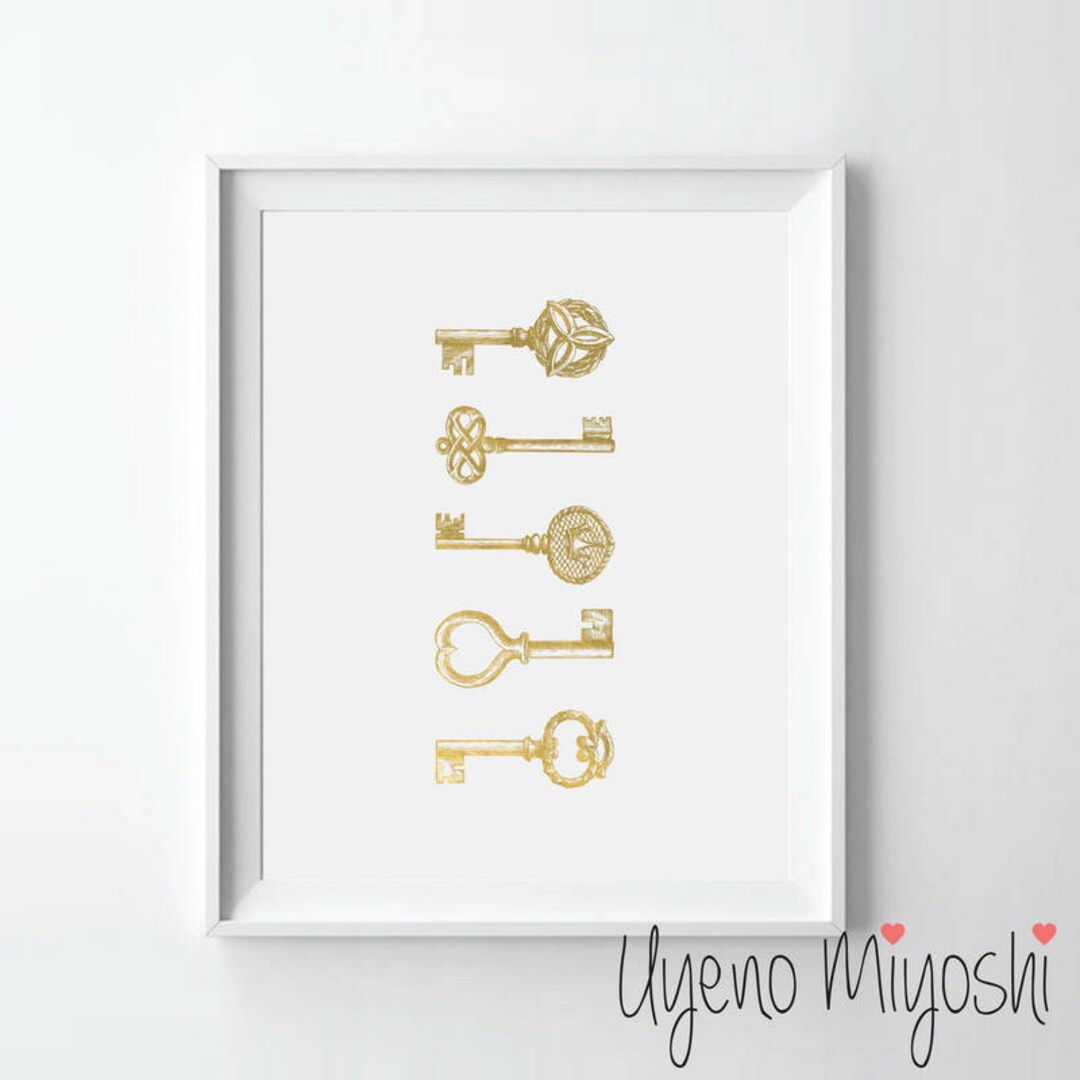 Vintage Key V Gold Foil Print, Gold Print, Vintage Key Art Print ...