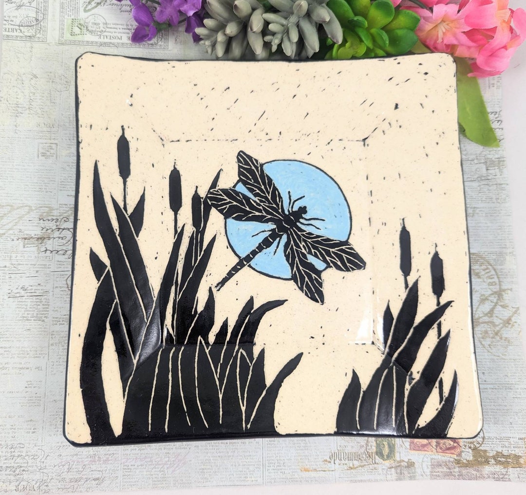 Sale Now 50% Off. Dragonfly Blue Moon and Reeds Ceramic Dish, Dragonfly ...