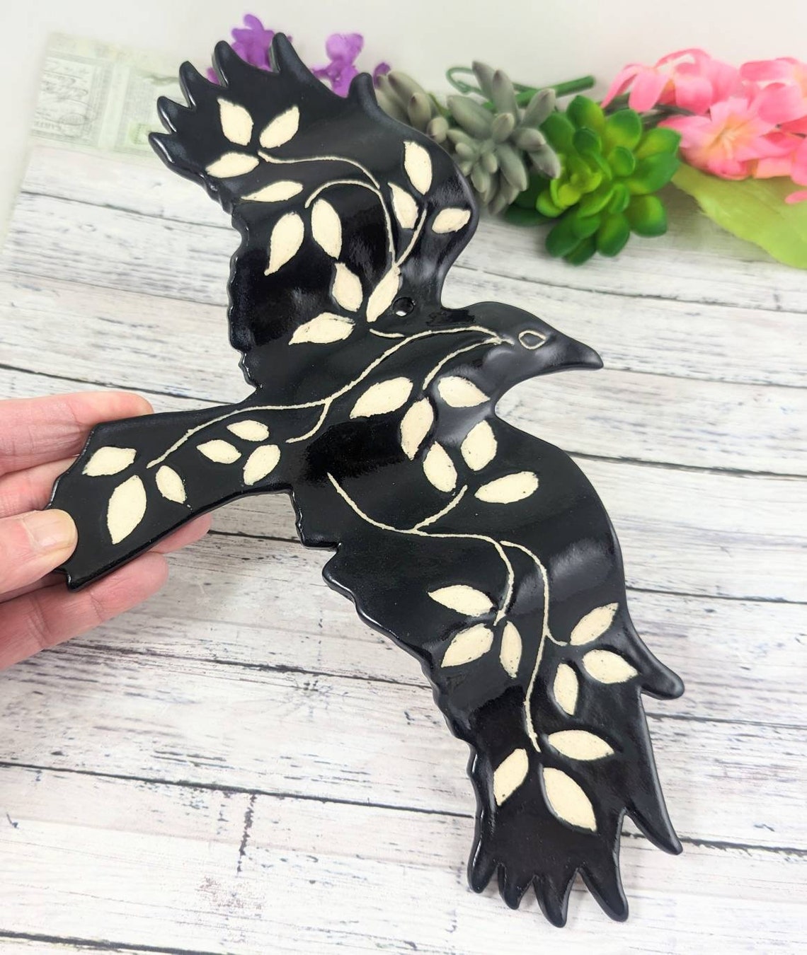 Raven or Crow Ceramic Wall Sculpture, Sgraffito Bird Sculpture, Flying ...