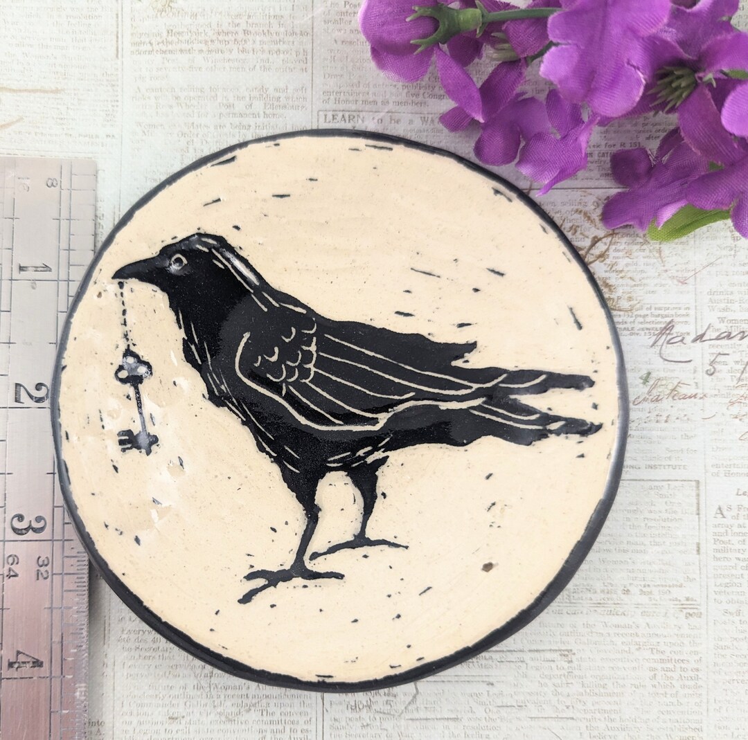 Raven or Crow With Key Bird Sgraffito Ceramic Plate, Crow Dish, Raven ...