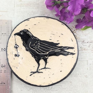 Raven With Key or Crow With Key Bird Sgraffito Ceramic Plate, Crow Dish ...