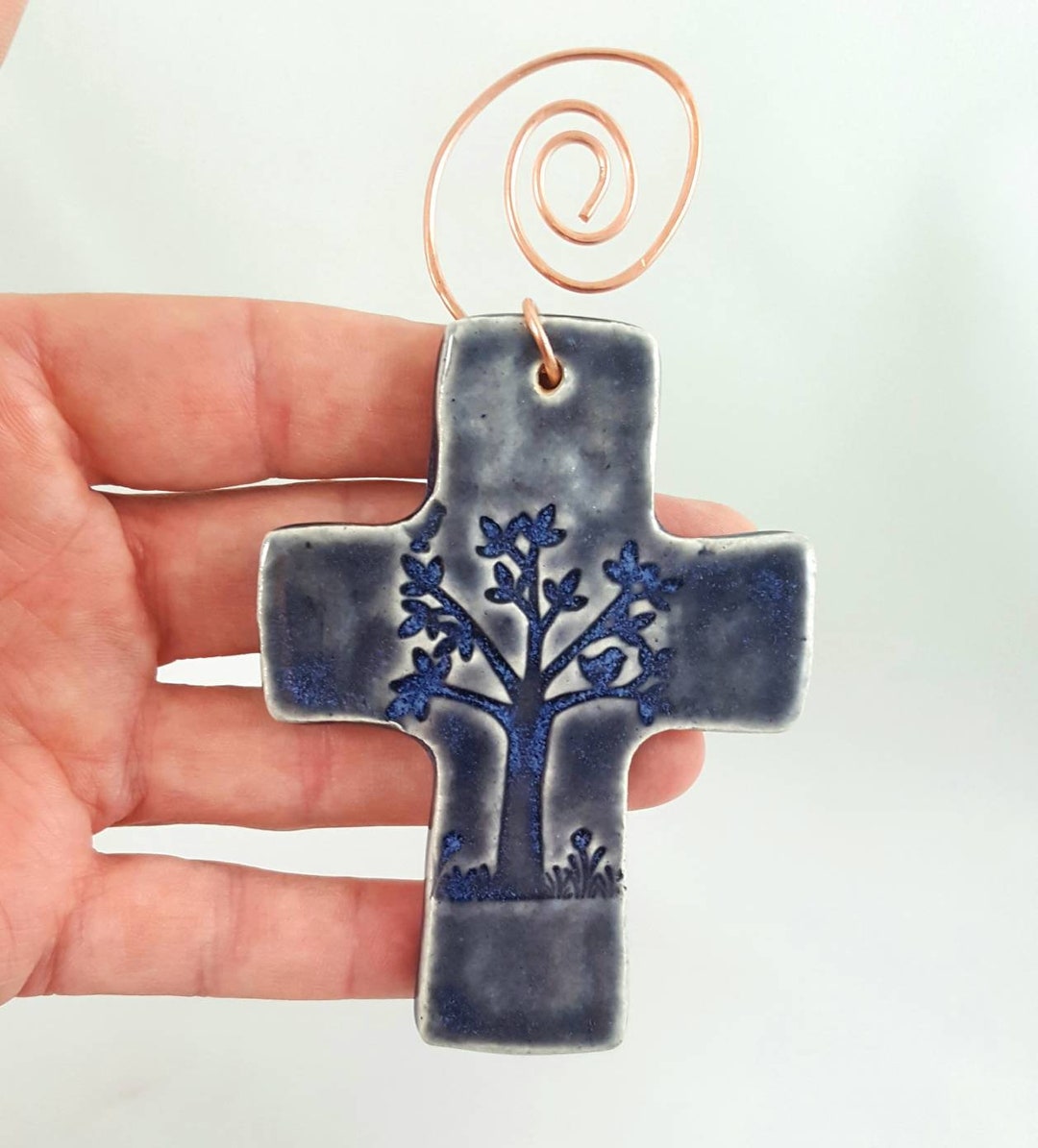 Blue Ceramic Tree Cross Ornament, Tree Cross, , Baptism Cross ...