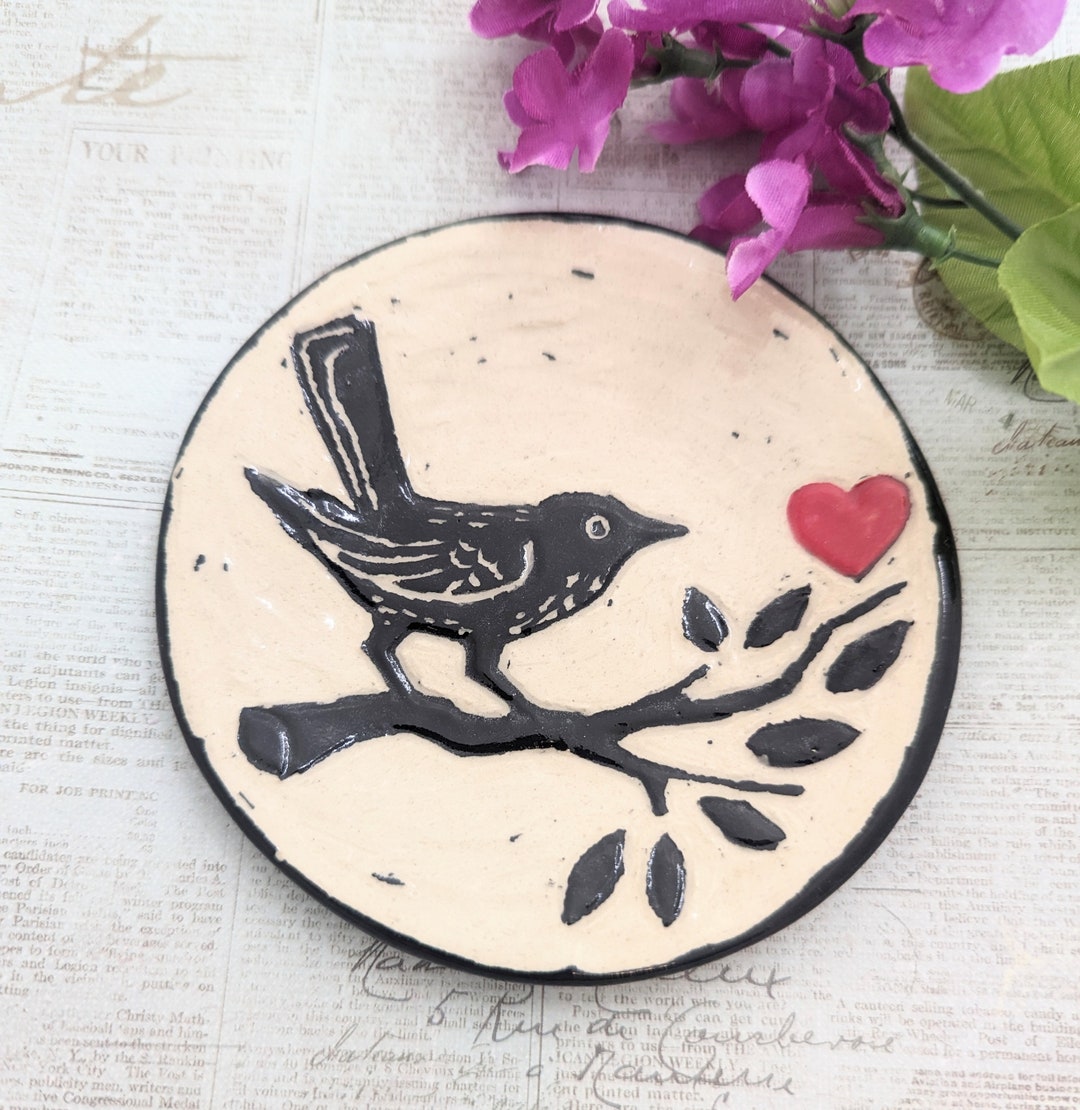 Cute Wren in the Valentine Tree, Bird Ceramic Dish, Pottery Bird ...