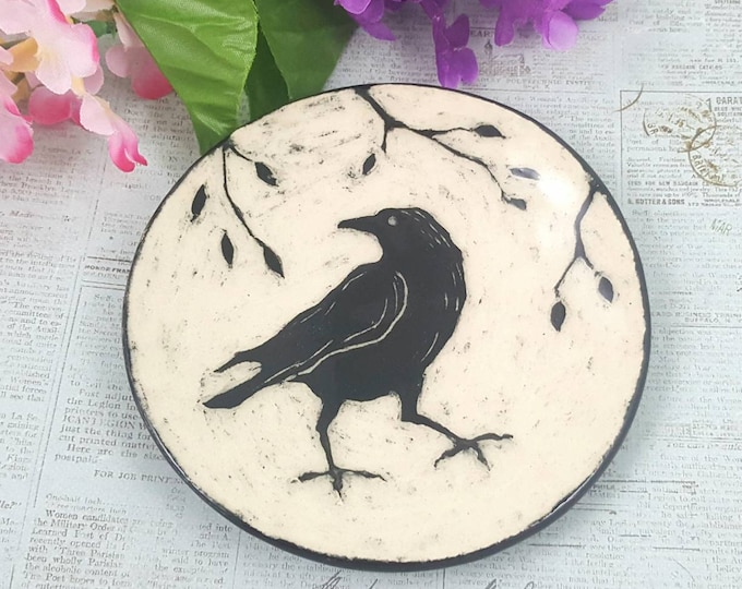 Raven or Crow King Sgraffito Ceramic Plate, Crow Dish, Raven Pottery ...