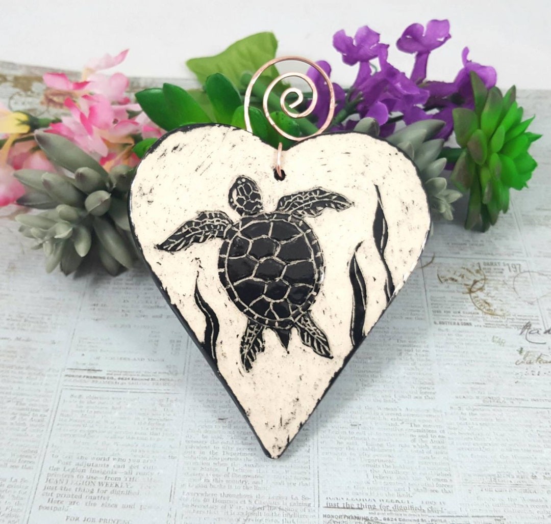 Sea Turtle Black and White Ceramic Heart, Sgraffito Turtle Heart ...