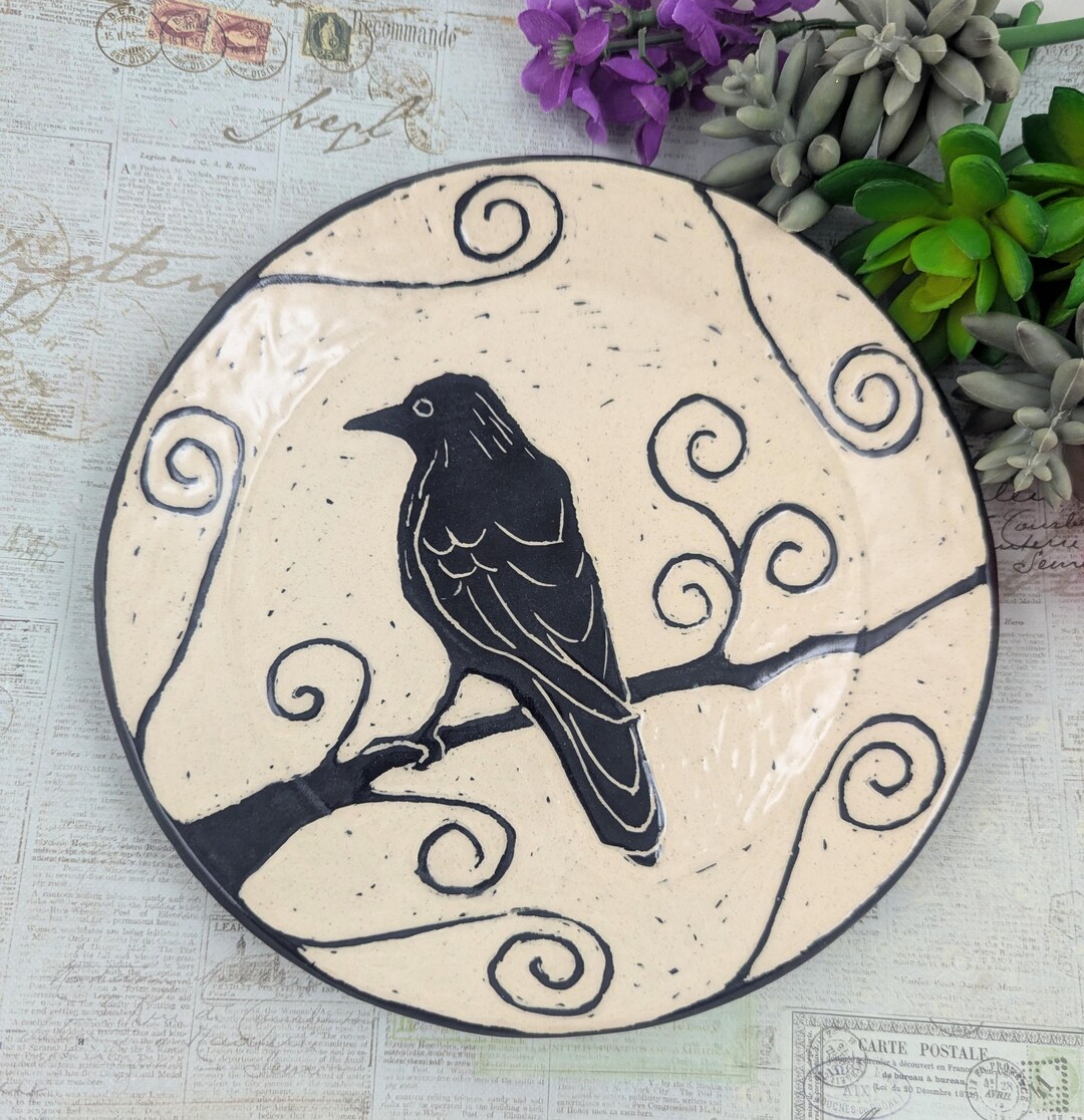 8 Inch Raven or Crow Bird Sgraffito Ceramic Plate, Raven Pottery, Black ...
