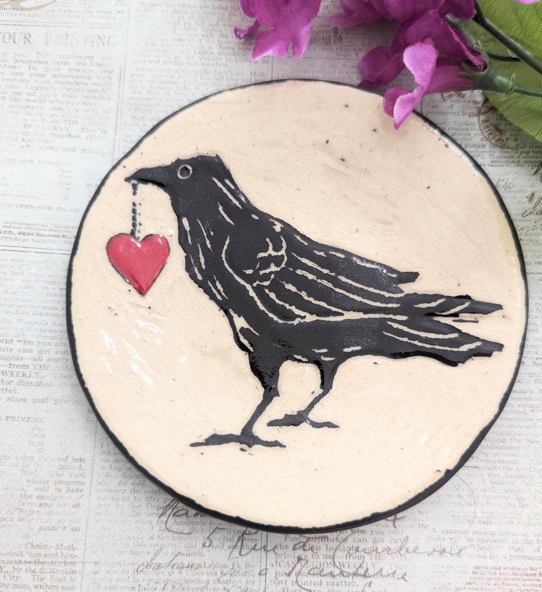 Raven or Crow With Red Heart, Bird Sgraffito Ceramic Plate, Crow Dish ...