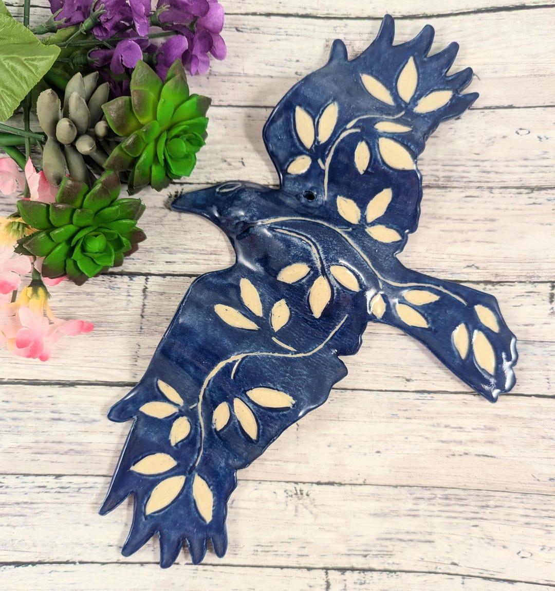 Raven or Crow Ceramic Wall Sculpture, Blue and White Flying Bird Wall ...