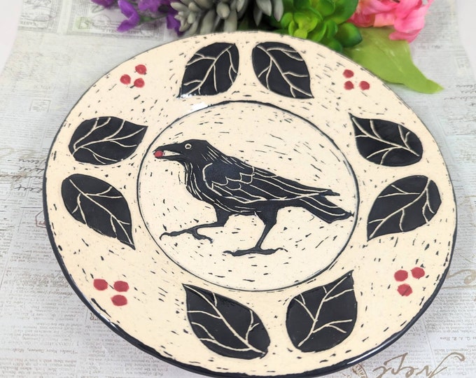 8 Inch Raven or Crow Bird Sgraffito Ceramic Plate, Raven Pottery, Black ...