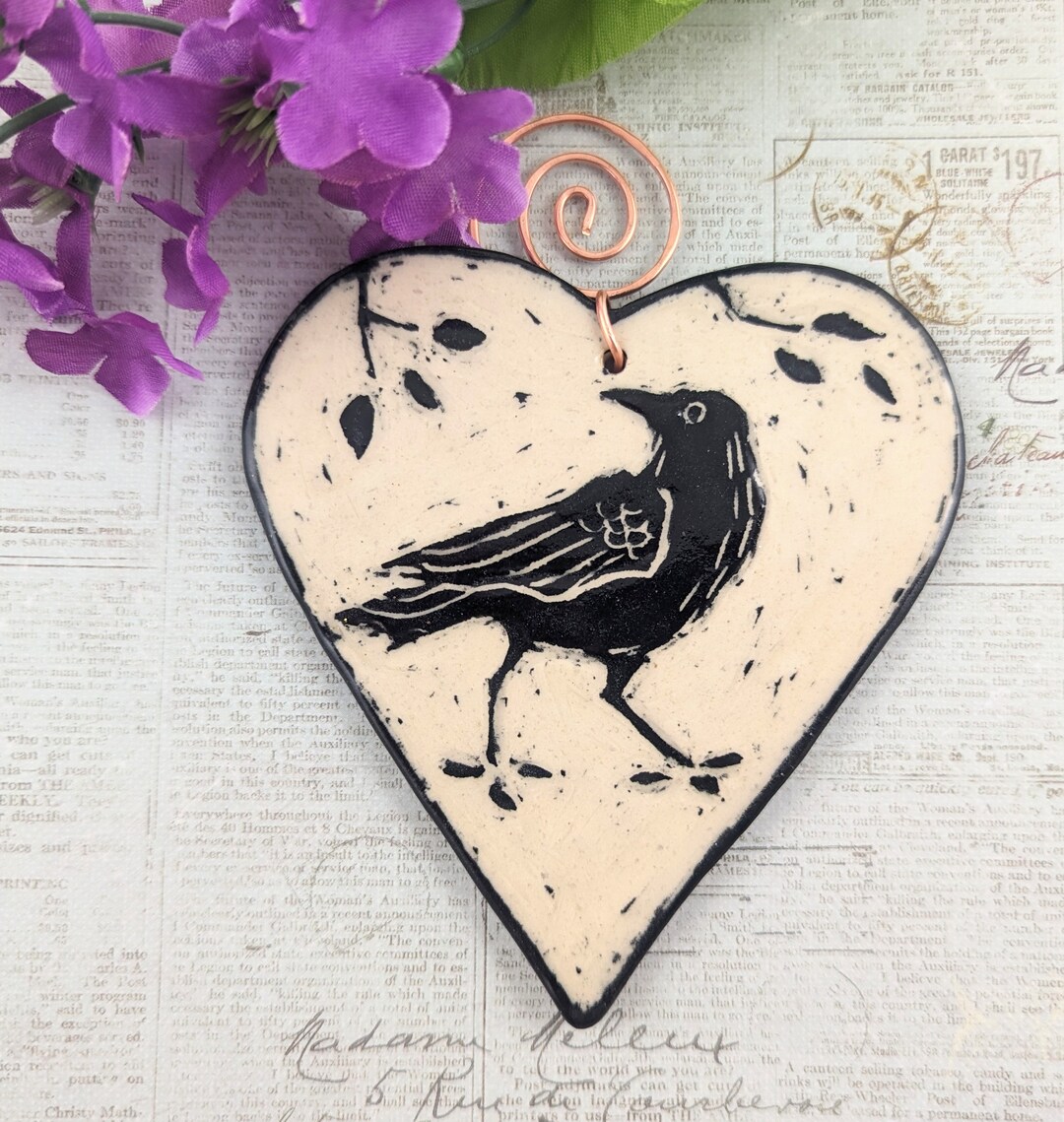 Raven or Crow Bird Sgraffito Ceramic Heart, Raven Pottery, Raven or ...