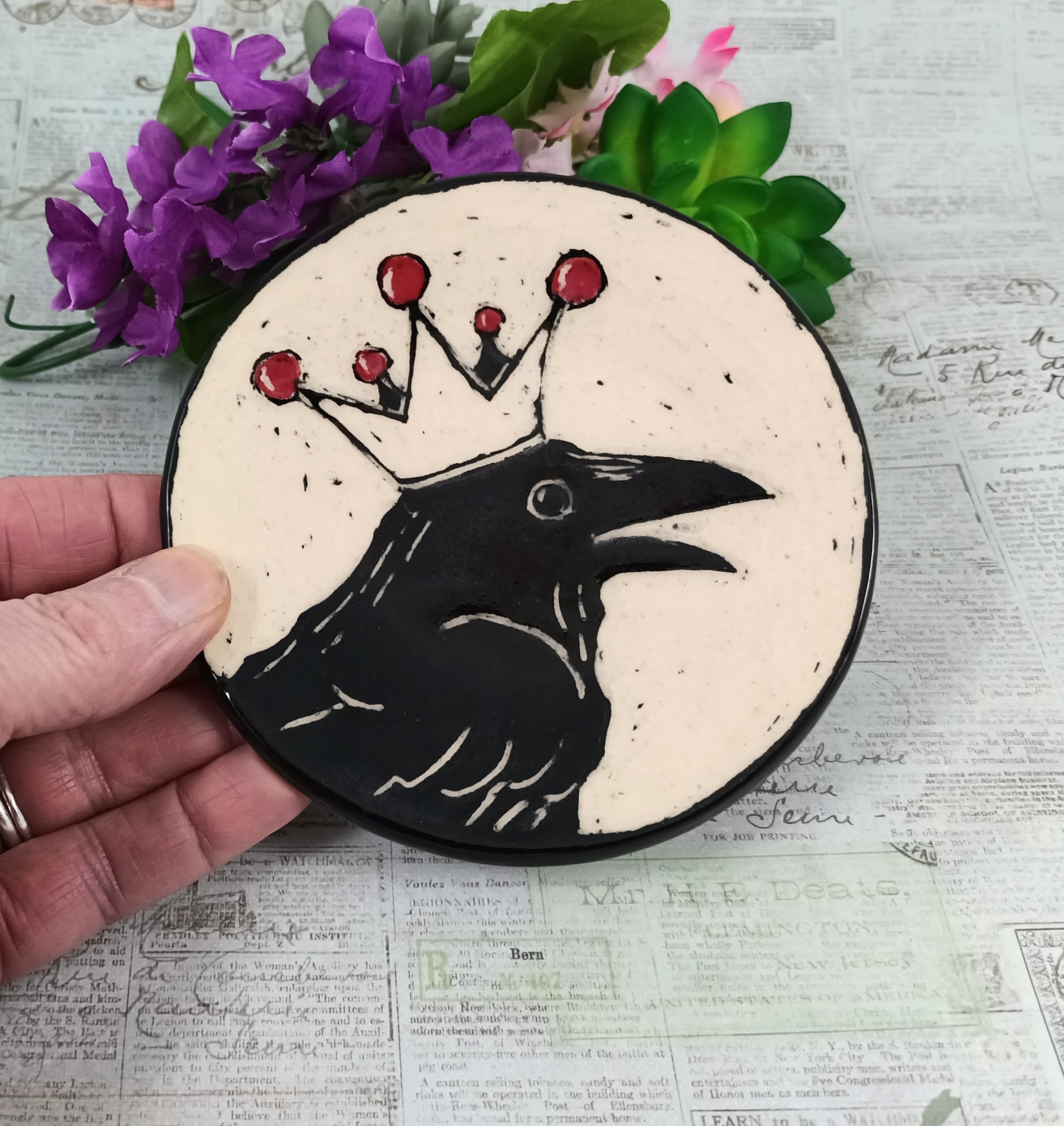Raven or Crow King Sgraffito Ceramic Plate, Crow Dish, Raven Pottery ...