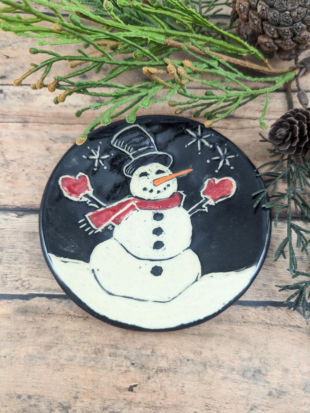 Snowman Sgraffito Ceramic Plate, Snowman Pottery Dish, Winter Decor ...
