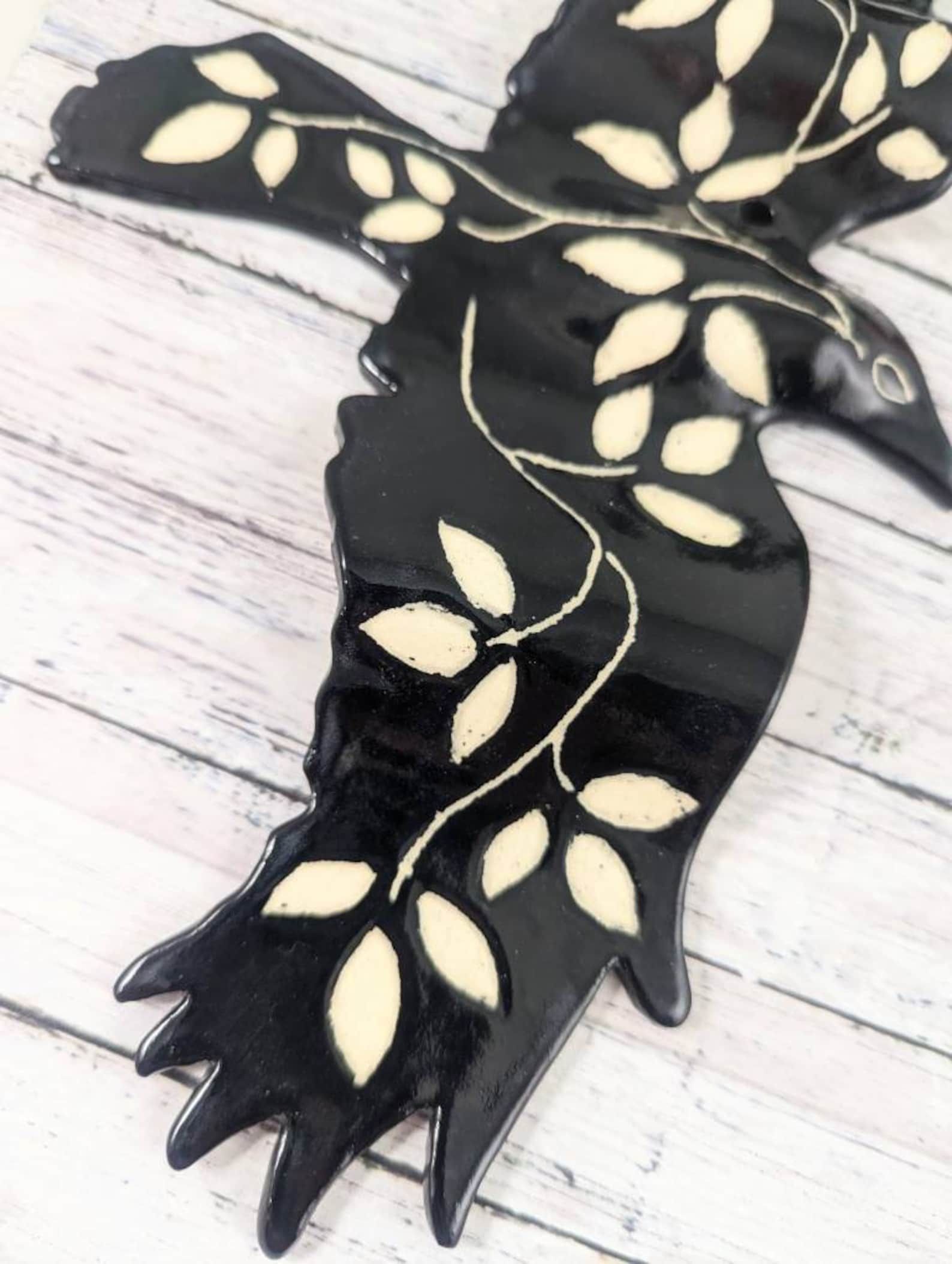 Raven or Crow Ceramic Wall Sculpture, Sgraffito Bird Sculpture, Flying ...