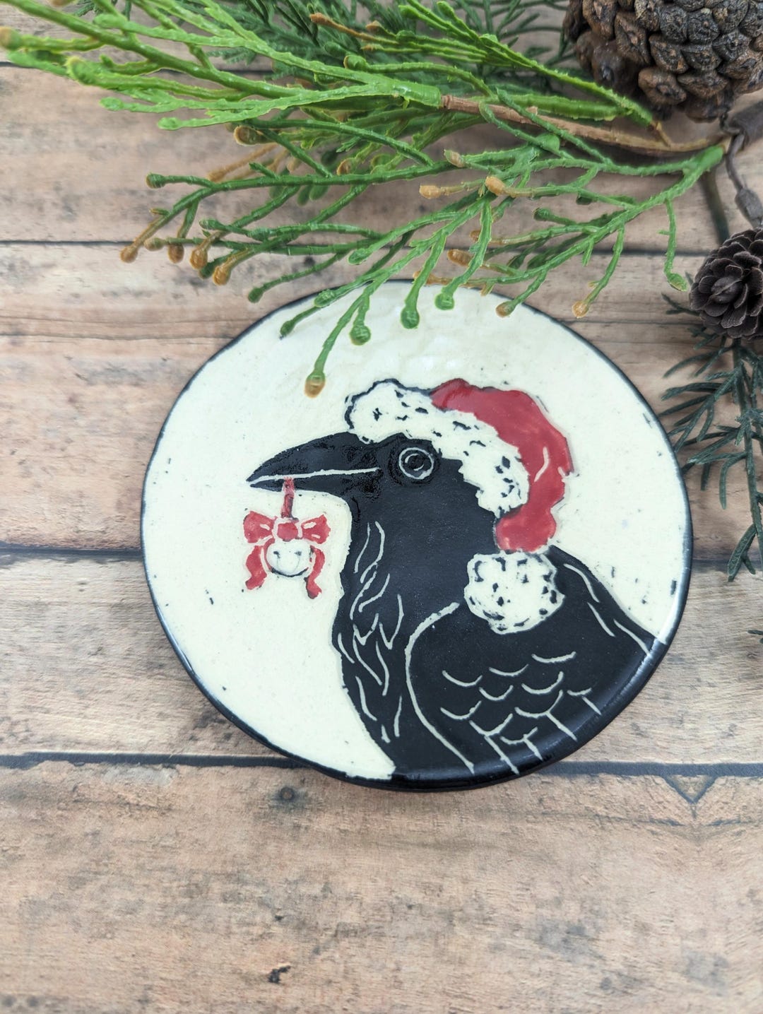 Santa Crow or Raven Bird Sgraffito Ceramic Plate, Crow Dish, Raven ...