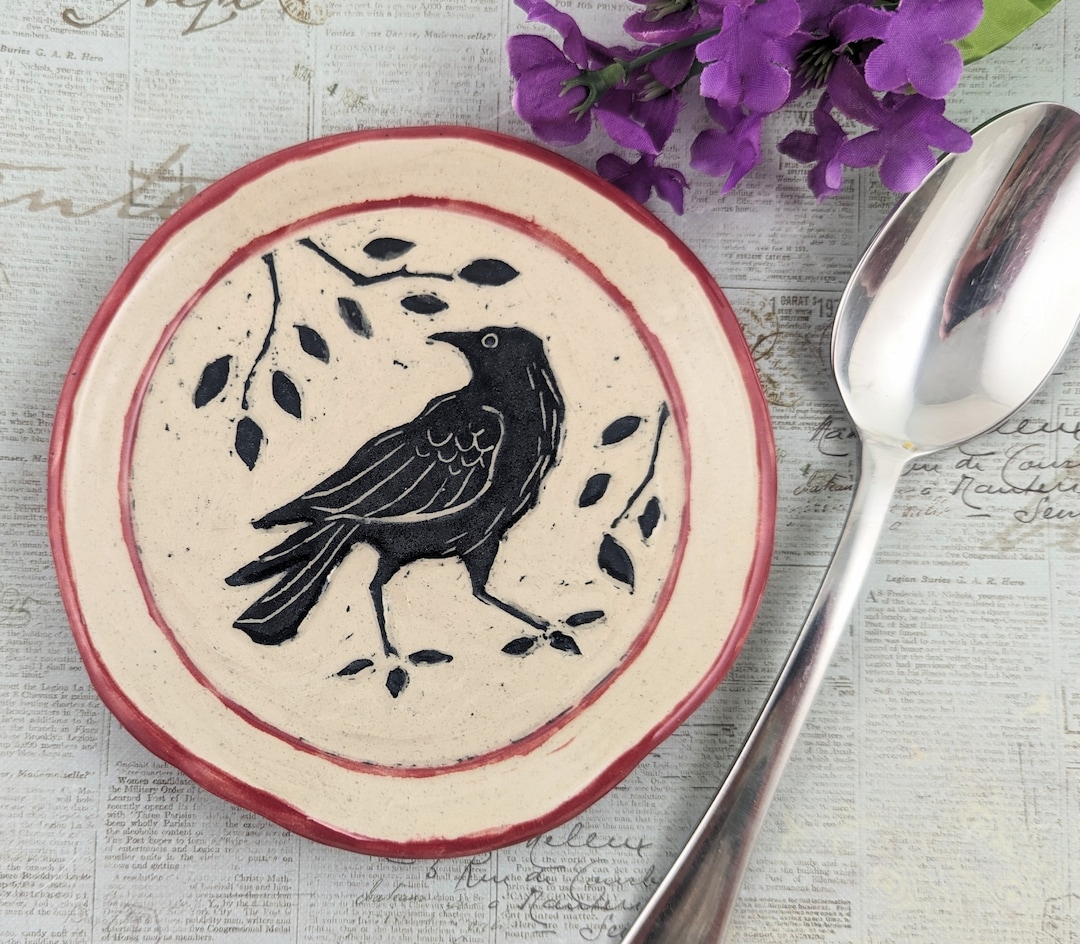 Crow or Raven Spoon Rest, Sgraffito Crow Spoon Rest, Black and White ...