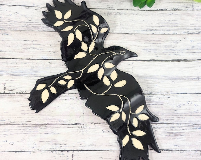 Raven or Crow Ceramic Wall Sculpture, Sgraffito Bird Sculpture, Flying ...