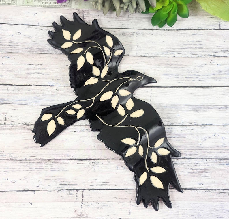 Raven or Crow Ceramic Wall Sculpture, Sgraffito Bird Sculpture, Flying ...