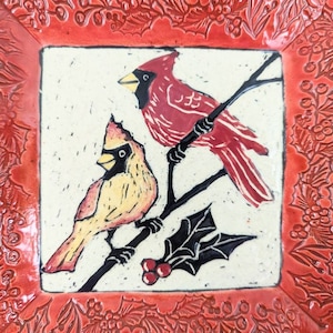 Cardinal Birds Sgraffito Pottery Plate, Red Cardinal Ceramic Dish ...