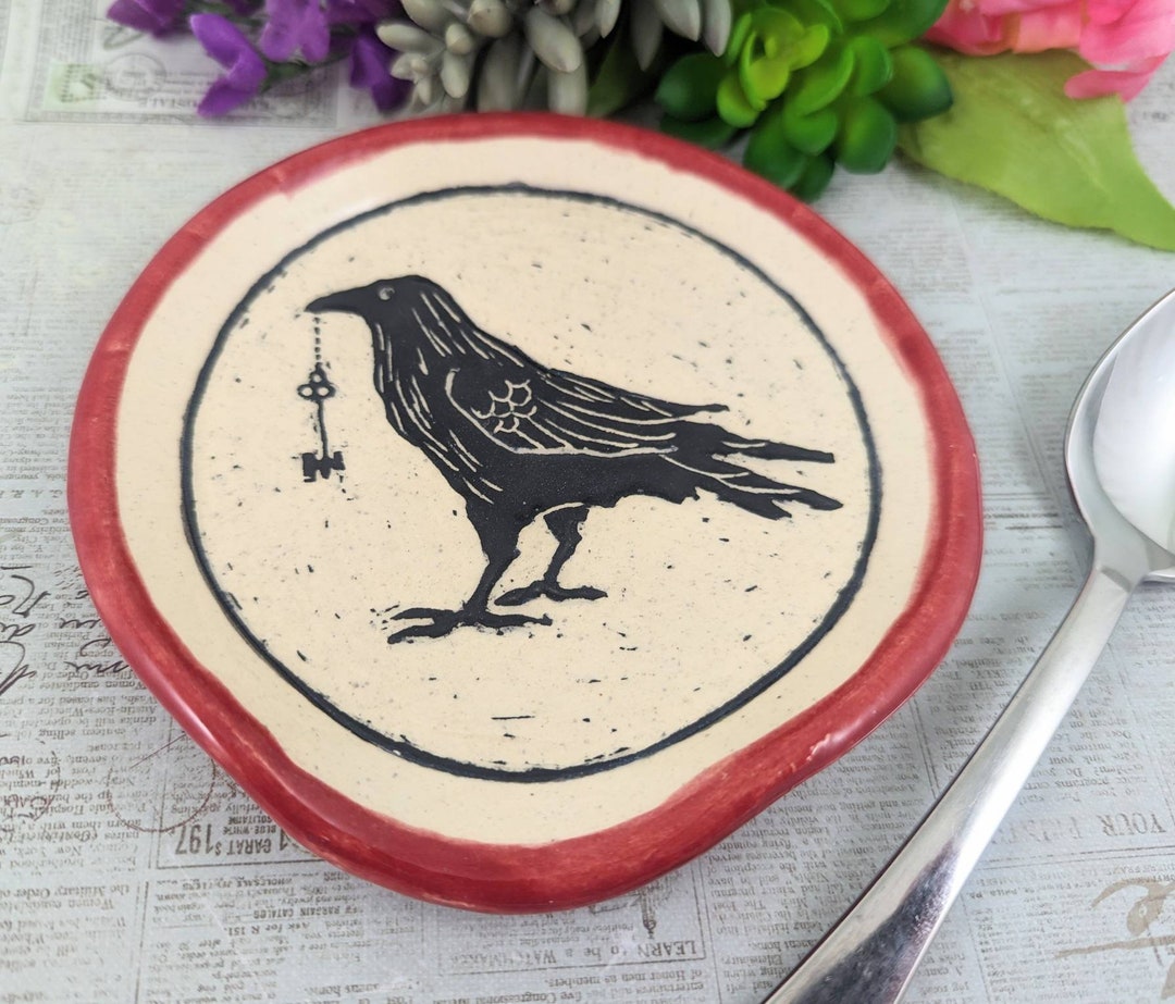 Crow or Raven Spoon Rest, Sgraffito Crow Spoon Rest, Black and White ...