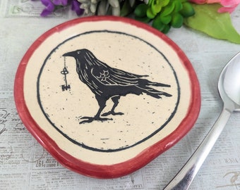 Crow or Raven Spoon Rest, Sgraffito Crow Spoon Rest, Black and White ...