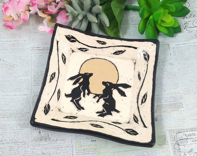 Moon Gazing Hares or Rabbits Sgraffito Dish, Rabbit Pottery Bowl, Bunny ...
