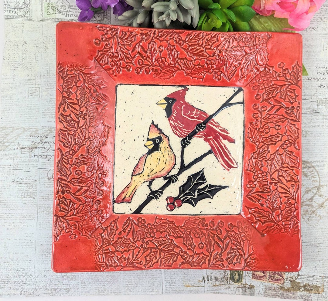 Cardinal Birds Sgraffito Pottery Plate, Red Cardinal Ceramic Dish ...