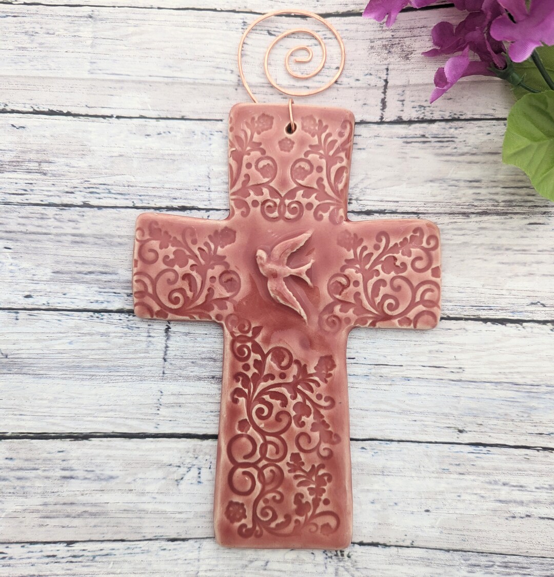 Pink Bird Ceramic Wall Cross, Religious Art, Nursery Cross, Christening ...