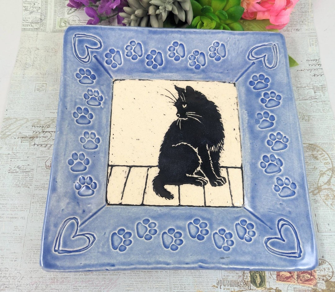 Black Cat Sgraffito Ceramic Plate, Black and White Cat Design Dish ...