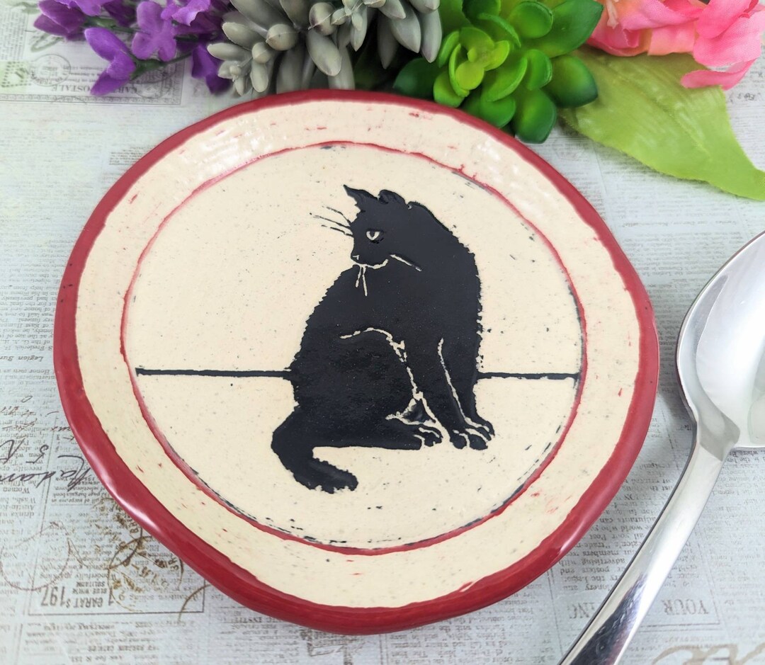 Cat Spoon Rest, Black Cat Spoon Rest, Sgraffito Cat Spoon Rest, Black ...