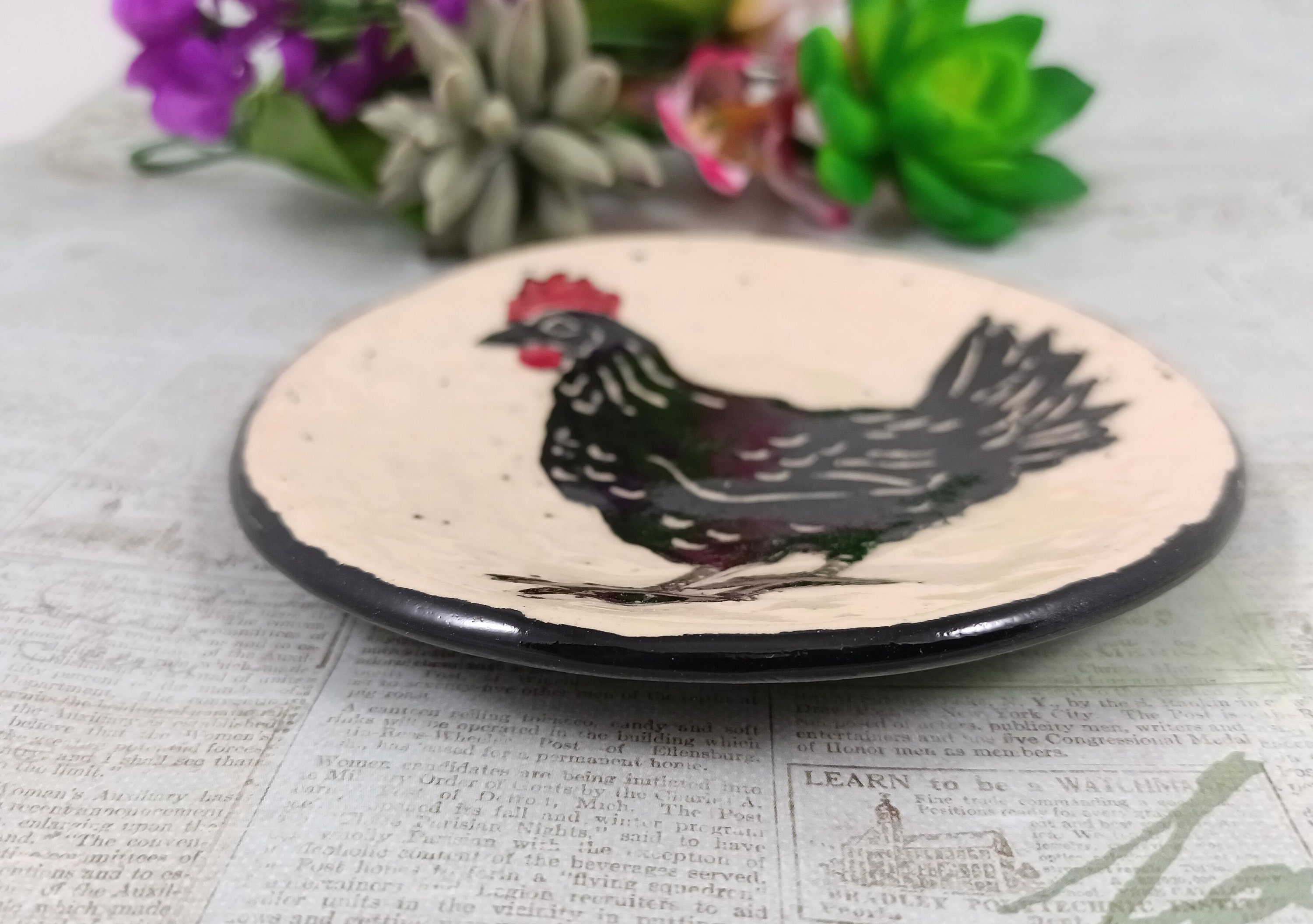 Hen or Chicken Bird Sgraffito Ceramic Plate, Chicken Pottery, Chicken ...