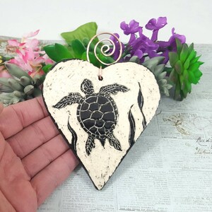Sea Turtle Black and White Ceramic Heart, Sgraffito Turtle Heart ...
