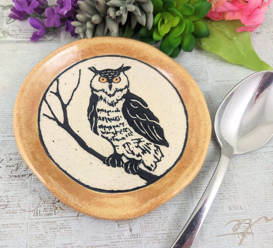 Owl Spoon Rest, Horned Owl Spoon Rest, Sgraffito Owl Spoon Rest, Black ...
