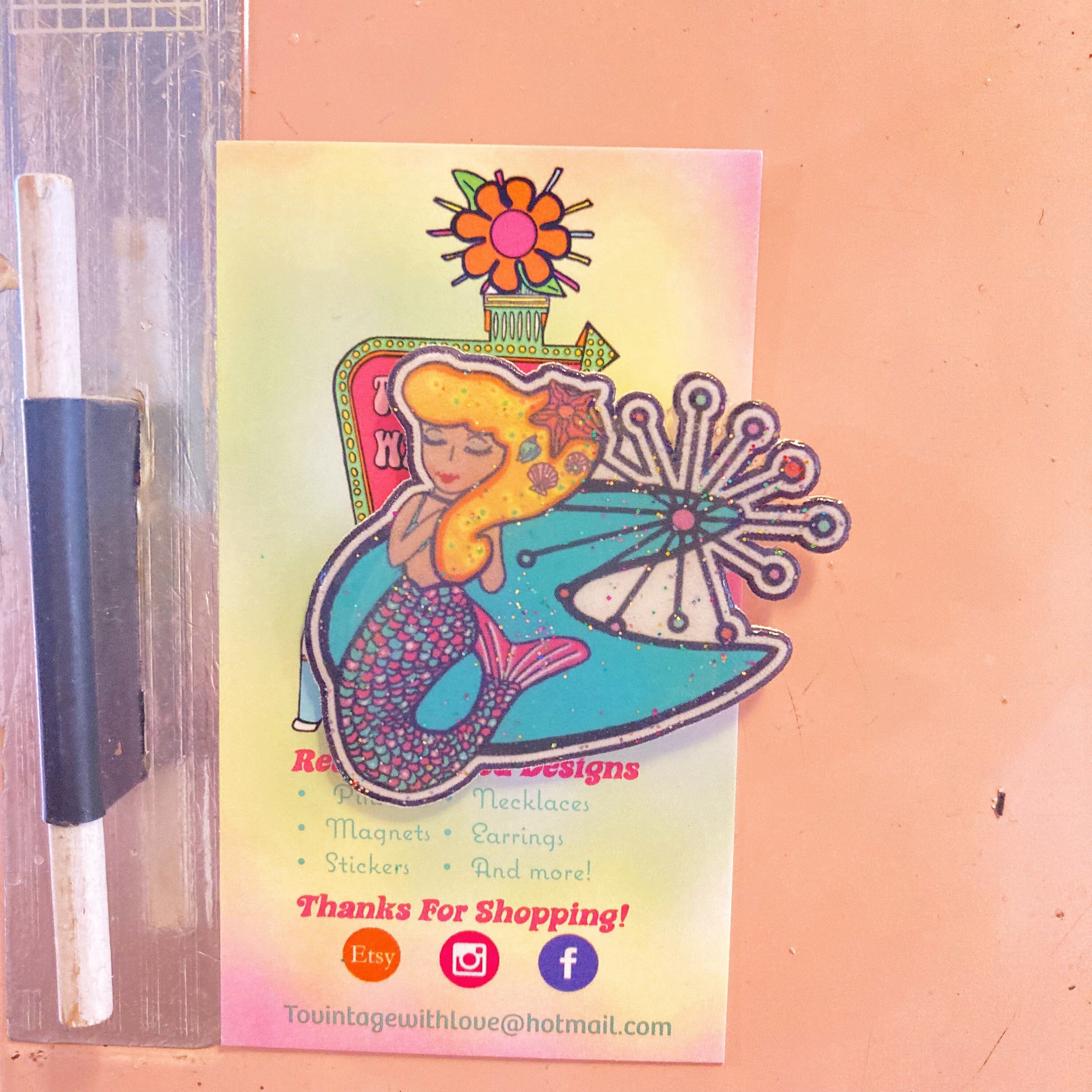 Rockabilly Mermaid With Atomic Boomerang, Pin, Magnet, Earrings ...